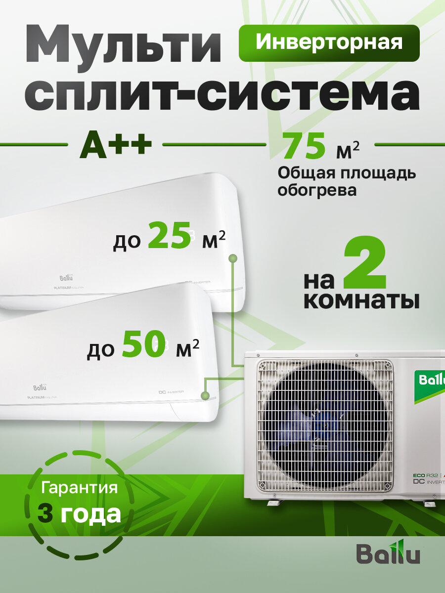 Mульти сплит-система на 2 комнаты 25+50м2 инвертор Ballu Free Match BA3OI-FM-21HN8/EU + BSUI-FM-09HN8/EU + BSUI-FM-18HN8/EU