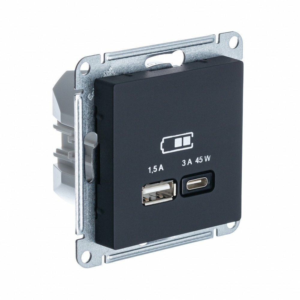 AtlasDesign Карбон USB Розетка A + тип-C 45W высокоскор. заряд. QC, PD, механизм, Systeme Electric, ATN001029