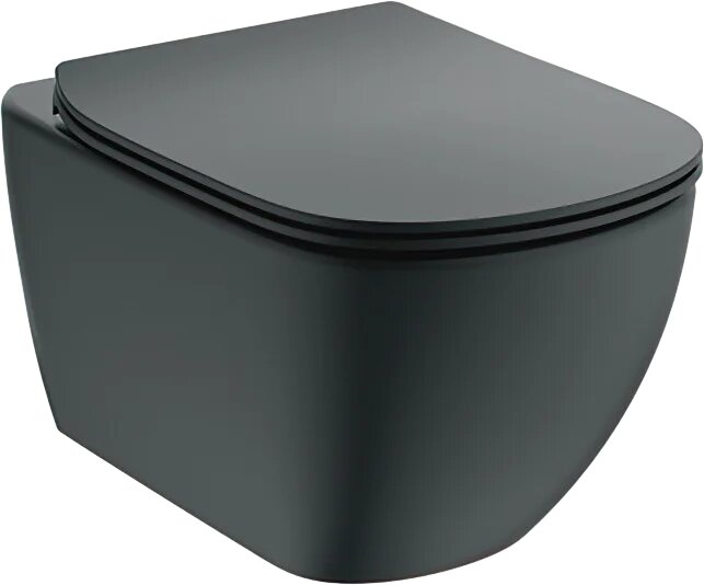Унитаз подвесной Ideal Standard IdealMood T4665V3 с микролифтом, безободковый, без бачка, антивсплеск, фарфоровый, черный, матовый, овальный, сиденье для унитаза в комплекте