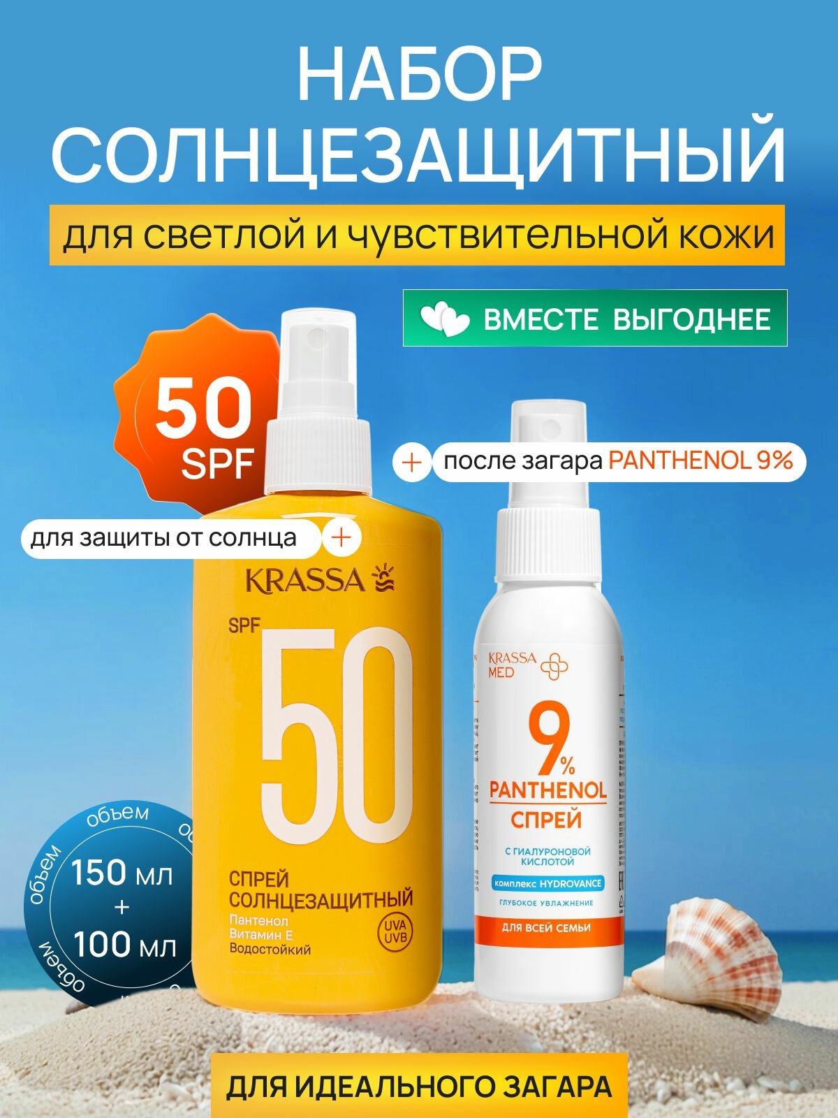 Набор уходовой косметики 2в1: Солнцезащитный крем - спрей для светлой и чувствительной кожи и Пантенол после загара солнцезащитный спрей уход после загара