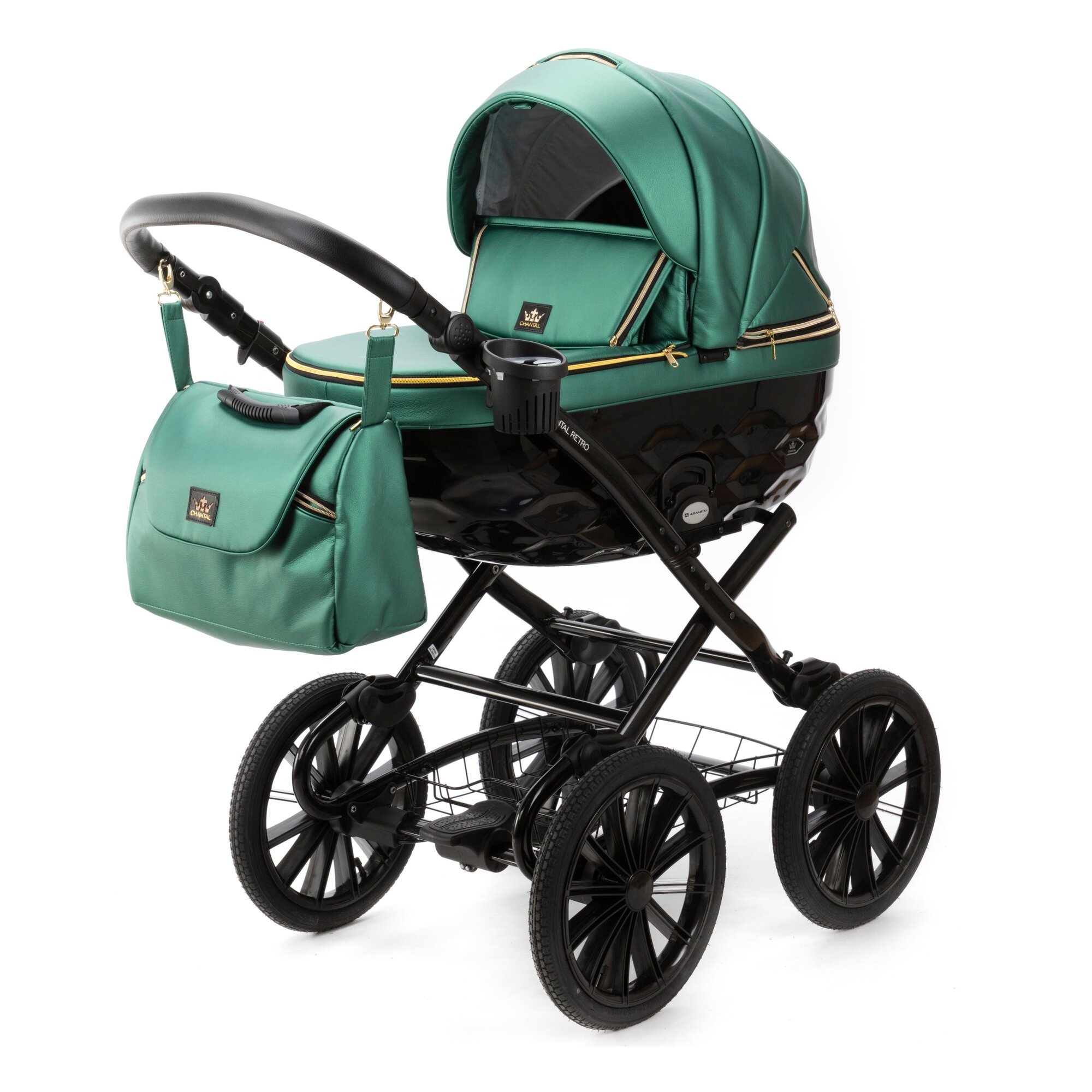 Коляска универсальная Adamex Chantal RETRO Deluxe 2 в 1, C105B - Изумрудная эко-кожа