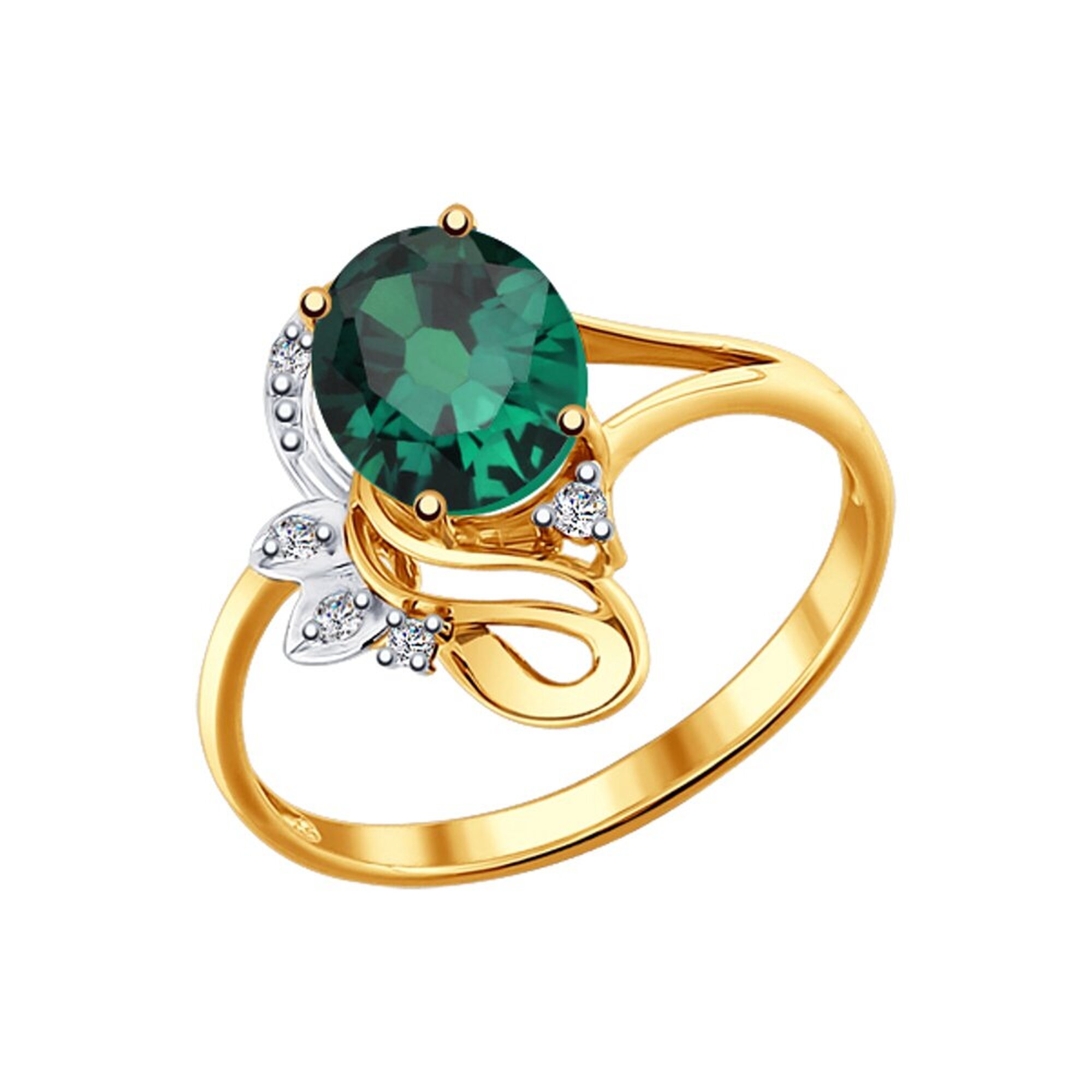 Кольцо, красное золото, 585 проба, фианит, изумруд синтетический