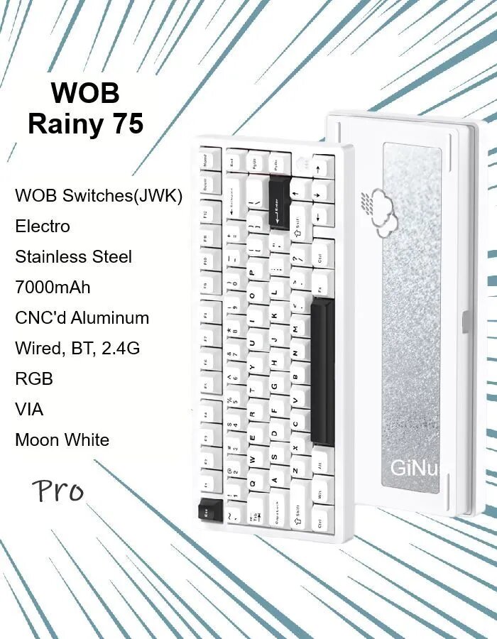 Игровая клавиатура беспроводная Rainy75 Pro, MoonWhite, RGB, WOBSwitches, Electro, Английская раскладка, белый, зеркальный