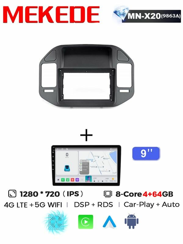 Магнитола 9" Mekede MN X20 Pro 4/64 Gb Mitsubishi Pajero 3 V70 V60 1999-2006 чёрная carplay