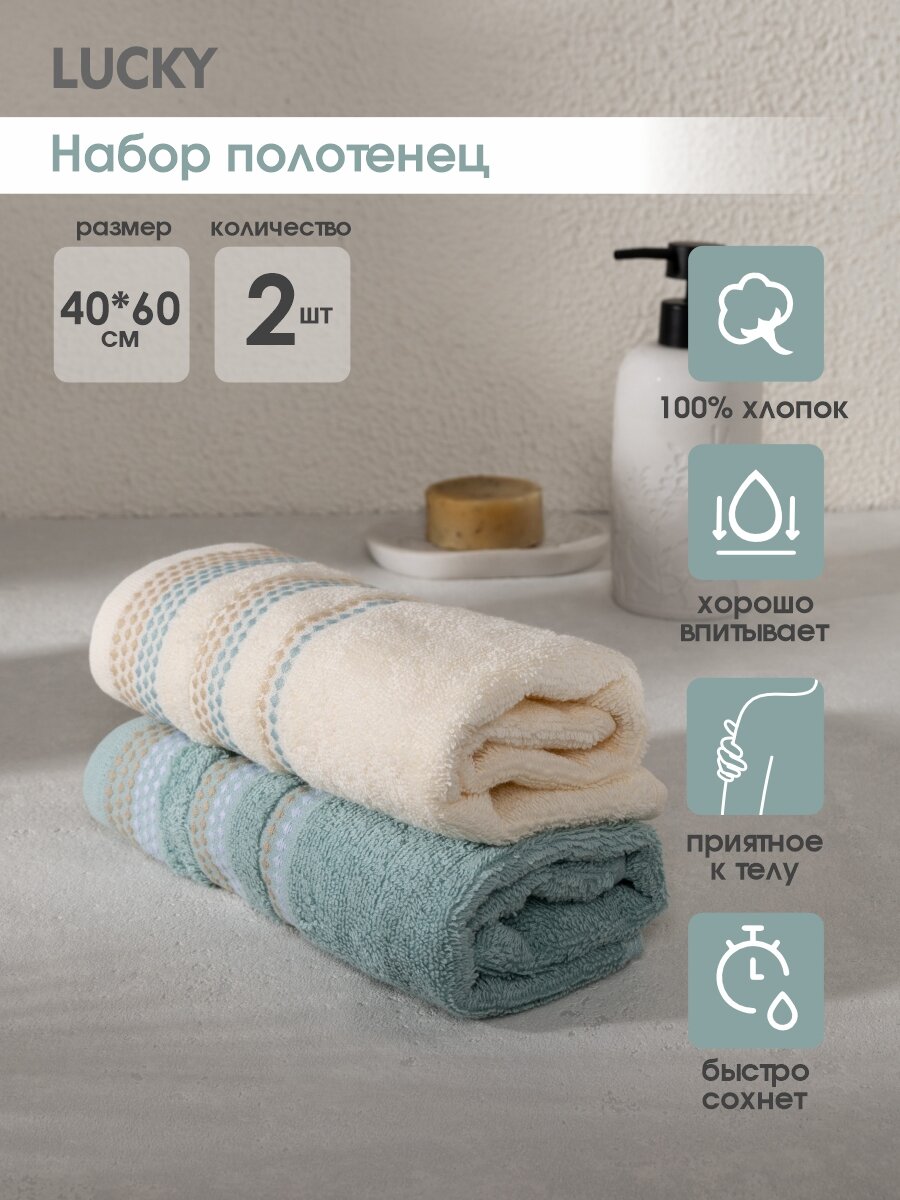 Набор махровых полотенец 40x60см (2шт) 100% Хлопок, голубой/молочный