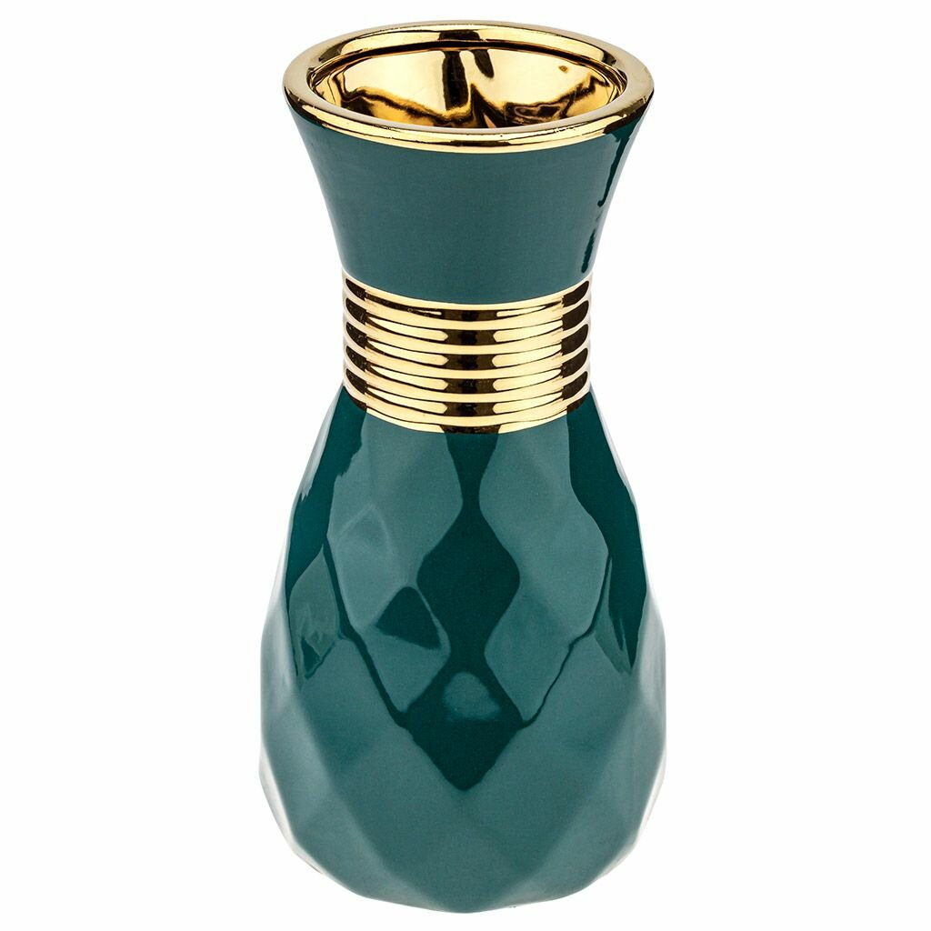 Ваза КНР керамическая "Лира" 0,6 л, д 9,5 см, h 17,5 см, тонкокаменная керамика, длина горла - 8 см, глянцевая глазурь, цвет - темно-бирюзовый, с золотом (8206D)