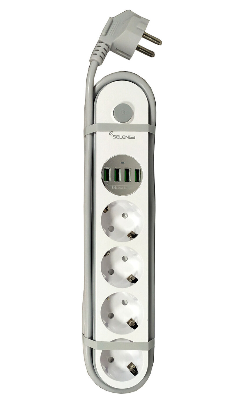 Сетевой фильтр (удлинитель) SELENGA PS404, 4 розетки, 4 USB разъема, белый