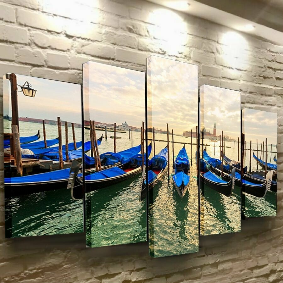 Modul007 Модульная картина на стену "Гондолы у причала"из 5 модулей 140х80 см для интерьера комнаты на подрамнике
