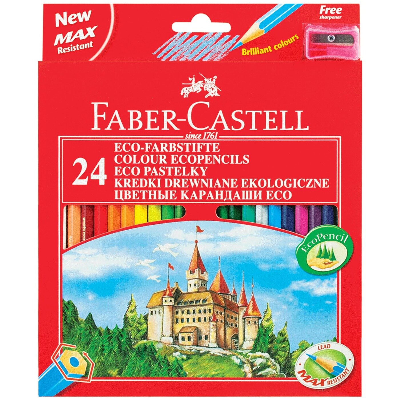 Карандаши цветные FABER-CASTELL "ECO Замок", 24 цвета, с точилкой, картонная упаковка с европодвесом, 120124