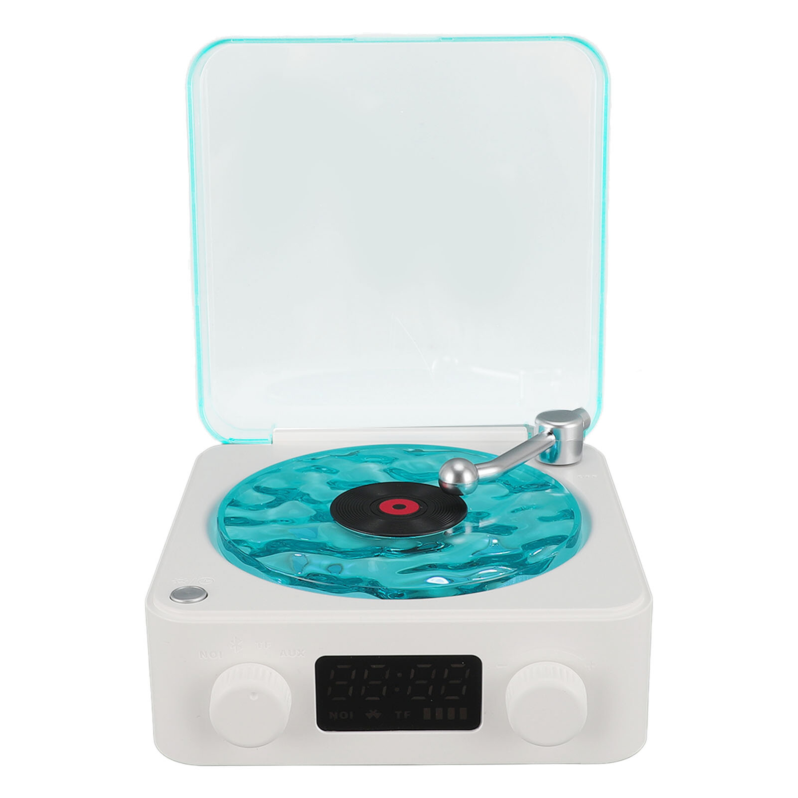 -колонка в стиле проигрывателя пластинок с ночным светом и дисплеем времени 3 в 1 многофункциональная небольшая стерео беспроводная колонка белого цвета, материал ABS, батарея 1500mAh литиевая, поддерживает карты памяти до 64G, режимы