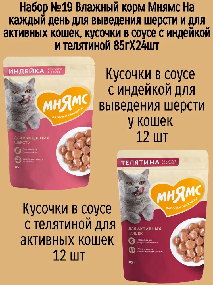 Набор №19 Влажный корм Мнямс для выведения шерсти у кошек, кусочки в соусе с индейкой и телятиной, 24 шт х 85 гр