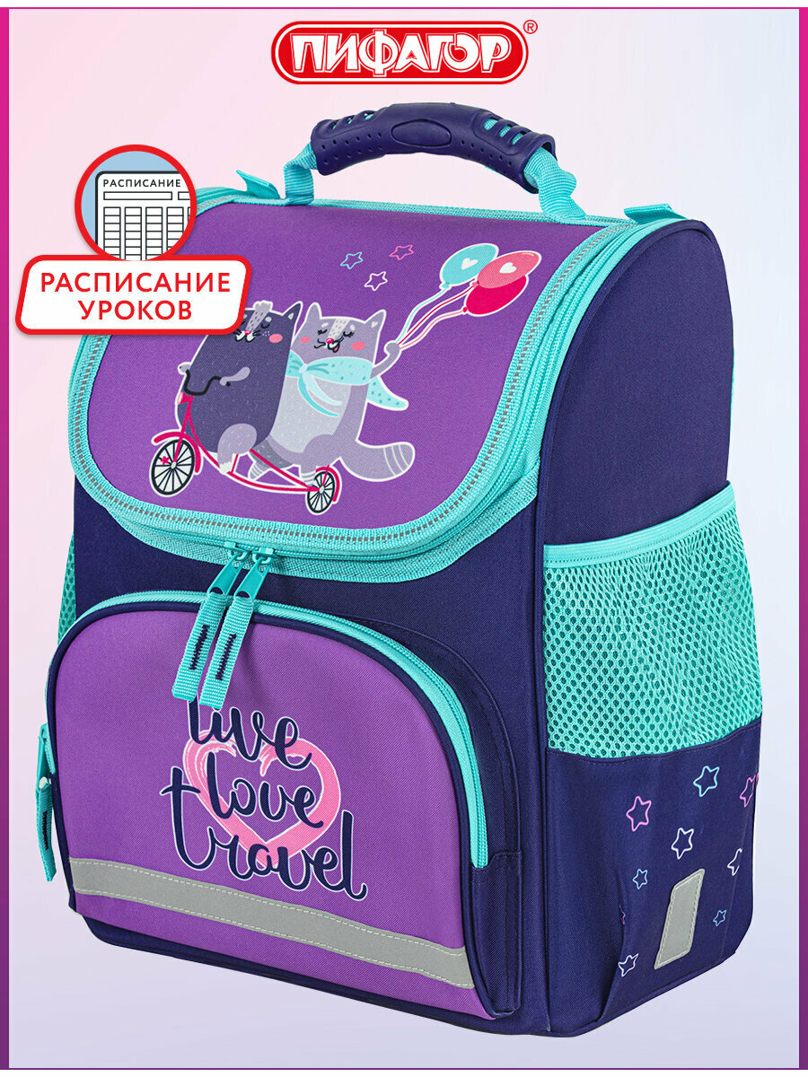 Рюкзак школьный для девочки, портфель для первоклассницы ортопедический, ранец детский в школу, эрго спинка, 1 отделение, 3 кармана, Пифагор Bike cats, 35х28х18 см, 272049
