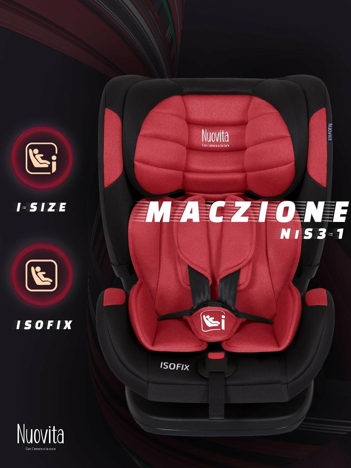Автокресло детское с креплением ISOFIX Nuovita Maczione NiS3-1, группа 1/2/3, от 9 месяцев до 12 лет (Rosso/Красный)