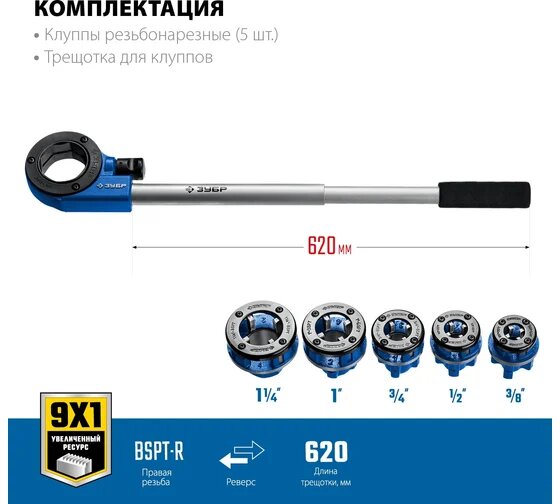 Набор клуппов ЗУБР Профессионал №5 с трещоткой 28270-H5_z01