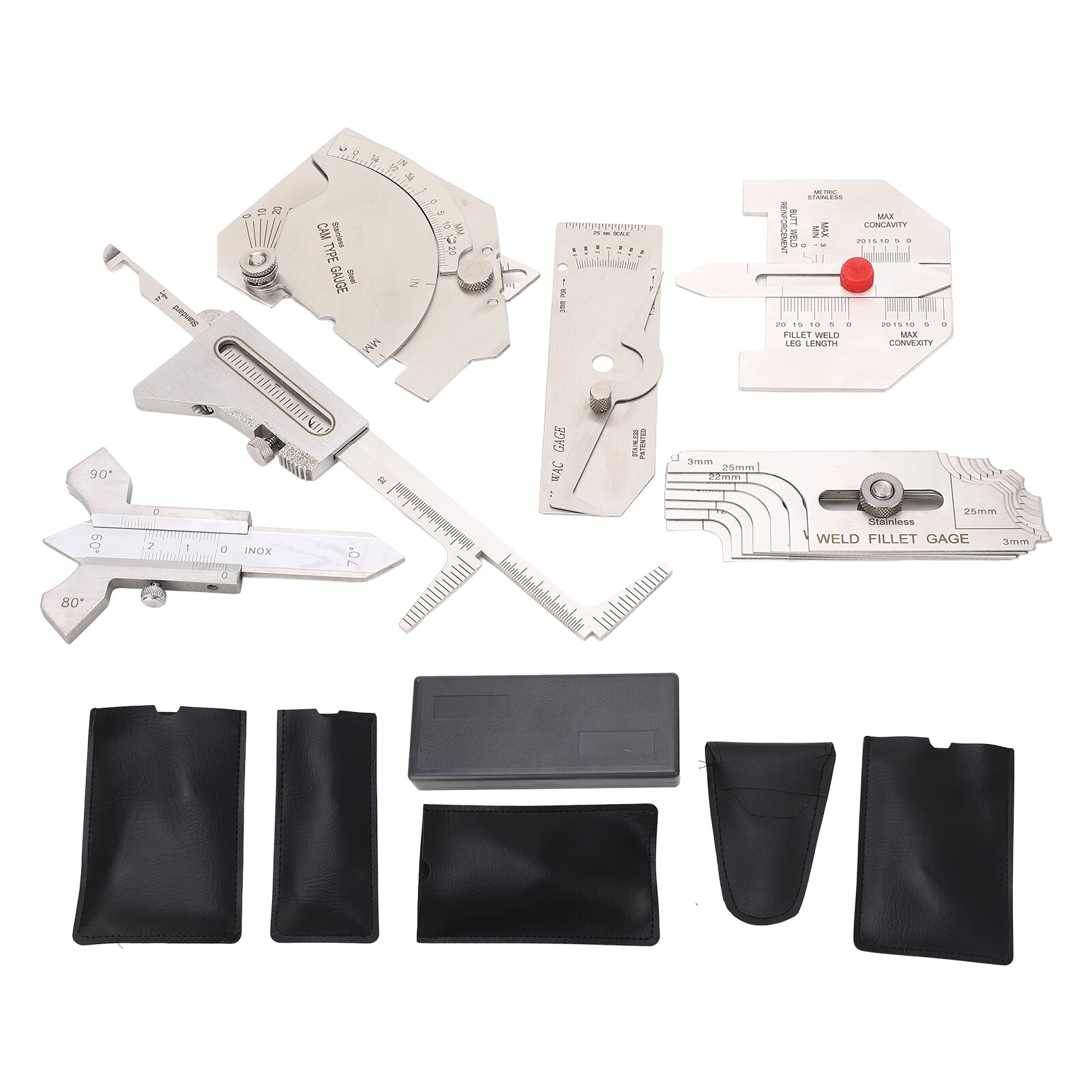Набор из 6 сварочных калибровочных инструментов, включая инструменты для измерения углов приварки, проверки пористости и подрезки.
