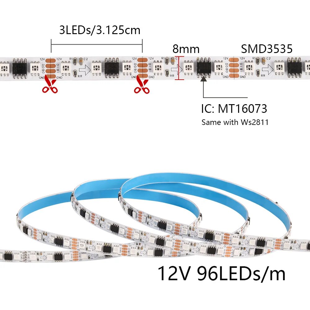 Светодиодная лента RGB 12V, 96 LED/м, 5м, 8mm, 3535, Белый