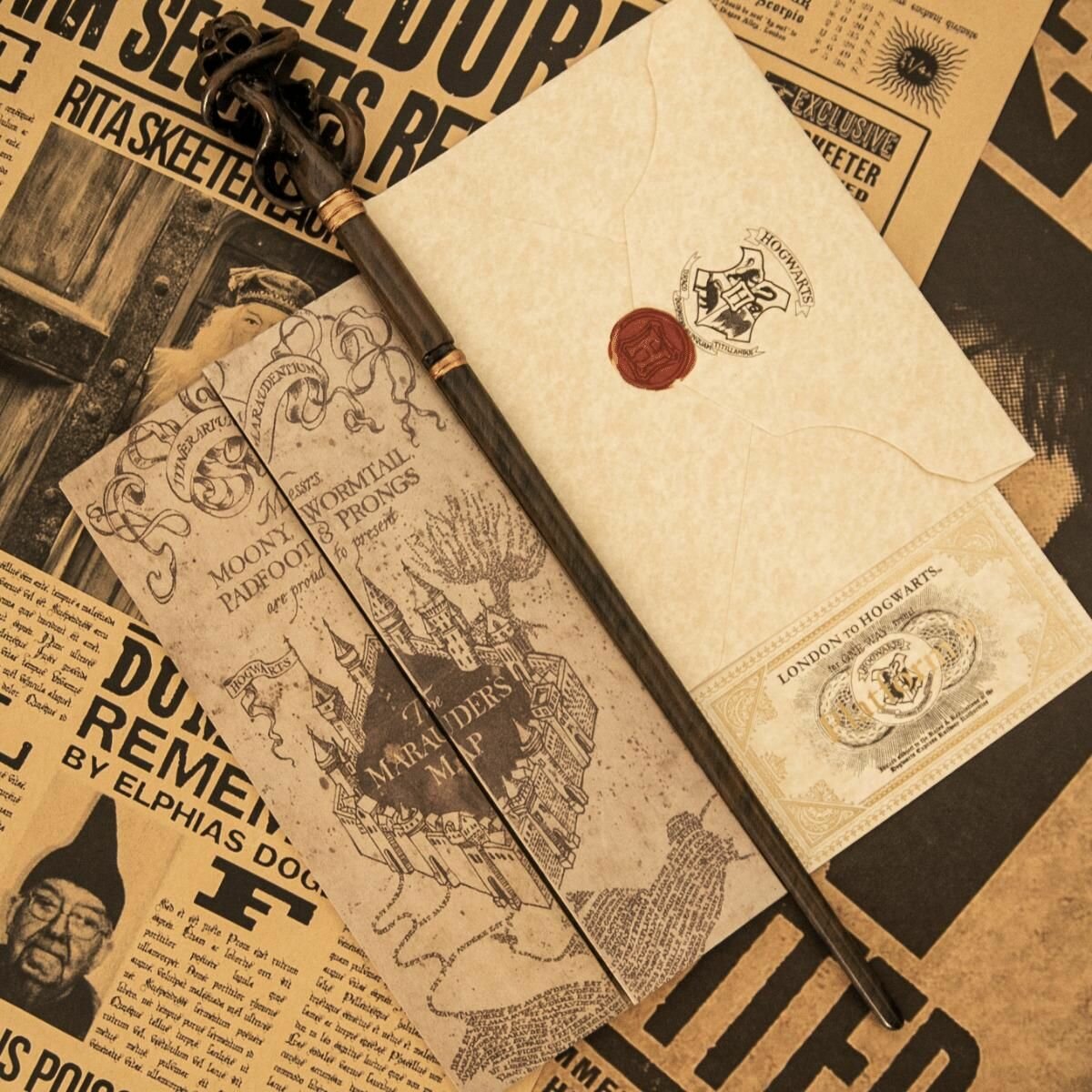 Набор Волшебная палочка Пожирателя смерти + Письмо из Хогвартса + Карта Мародеров + Билет на платформу 9 и 3/4 (из фильма Гарри Поттер)