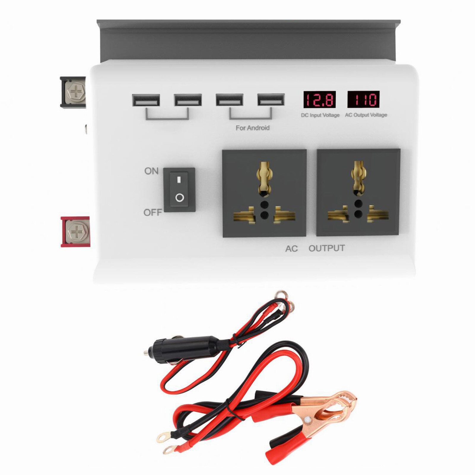 Автомобильный инвертор 12V-220V, 2 розетки AC, 4 USB, белый