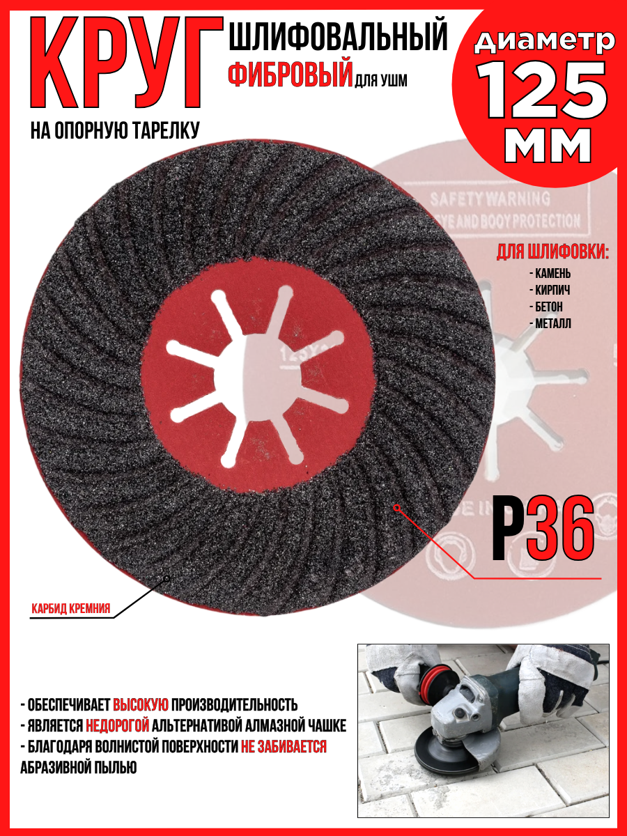 Круг шлифовальный 125мм Р36 карбид кремния 1шт./ фибровый под опорную тарелку/ камень, бетон, металл