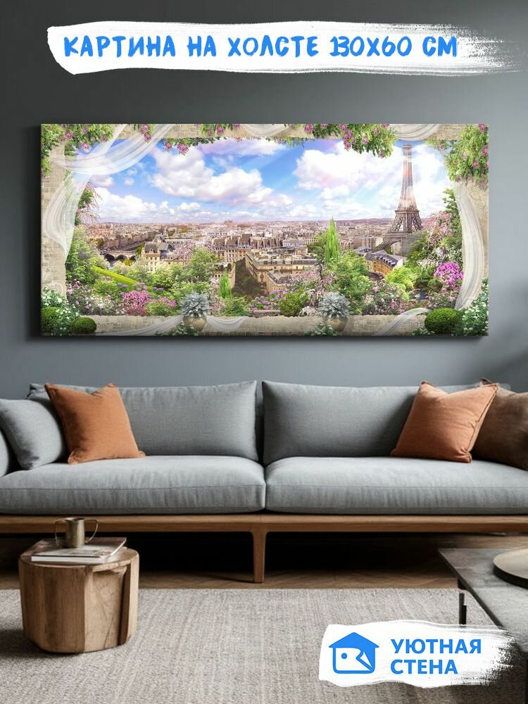 Картина на натуральном холсте Уютная стена "Вид на Париж из окна" 130х60 см