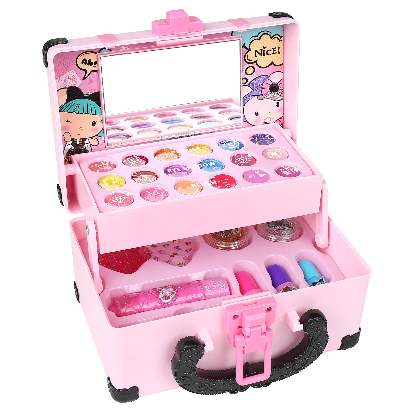 Набор для макияжа для девочек Kids Make Up Set с реальными косметическими продуктами, игральный набор с туристическим косметическим чехлом, смываемый, для вечеринок, игрушечная косметика, подарок на Рождество и день рождения для маленьких девочек,