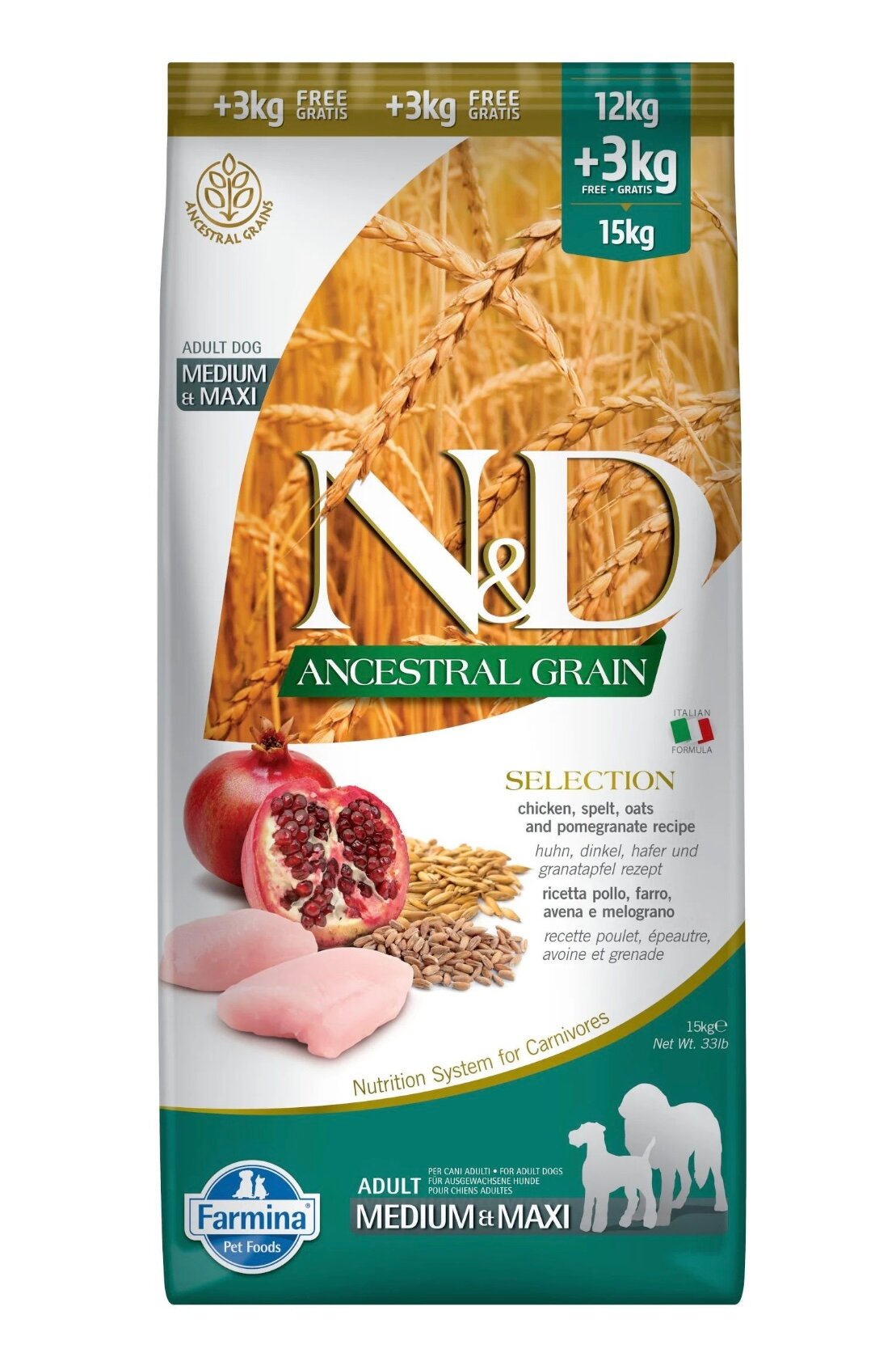 Корм сухой FARMINA ND ANCESTRAL GRAIN DOG Chicken Pomegrante Adult MEDIUM MAXI для взрослых собак средних и крупных пород с курицей и гранатом, 15кг