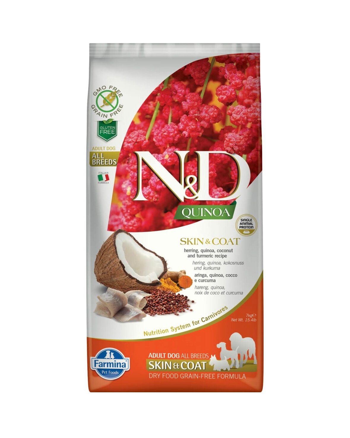 Сухой корм Farmina ND Dog GF Quinoa Skin-Coat Herring для взрослых собак с сельдью, уход за кожей и шерстью, 7кг