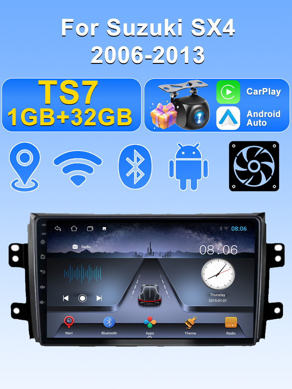 Магнитола для Suzuki SX4 2006-2013 , Автомагнитола для Сузуки sx4 ,2din android 1+32G Мультимедиа Bluetooth FM WIFI Автомобильный