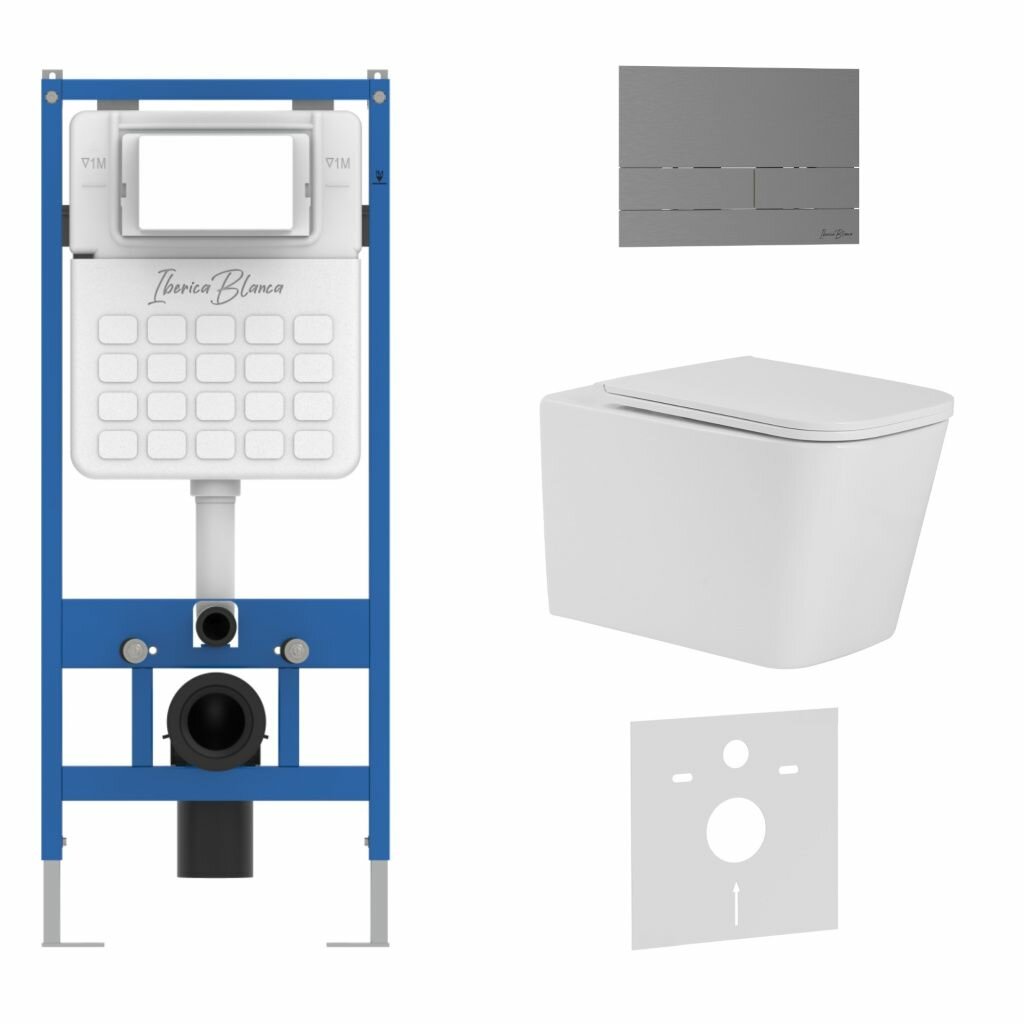 Инсталляция с унитазом комплект 6 в 1, унитаз TORNADO безободковый белый TOLEDO ALTO (IB. TLA.234.1B1), клавиша смыва вороненая сталь, нержавеющая сталь INOX-S (IB. B016.02)