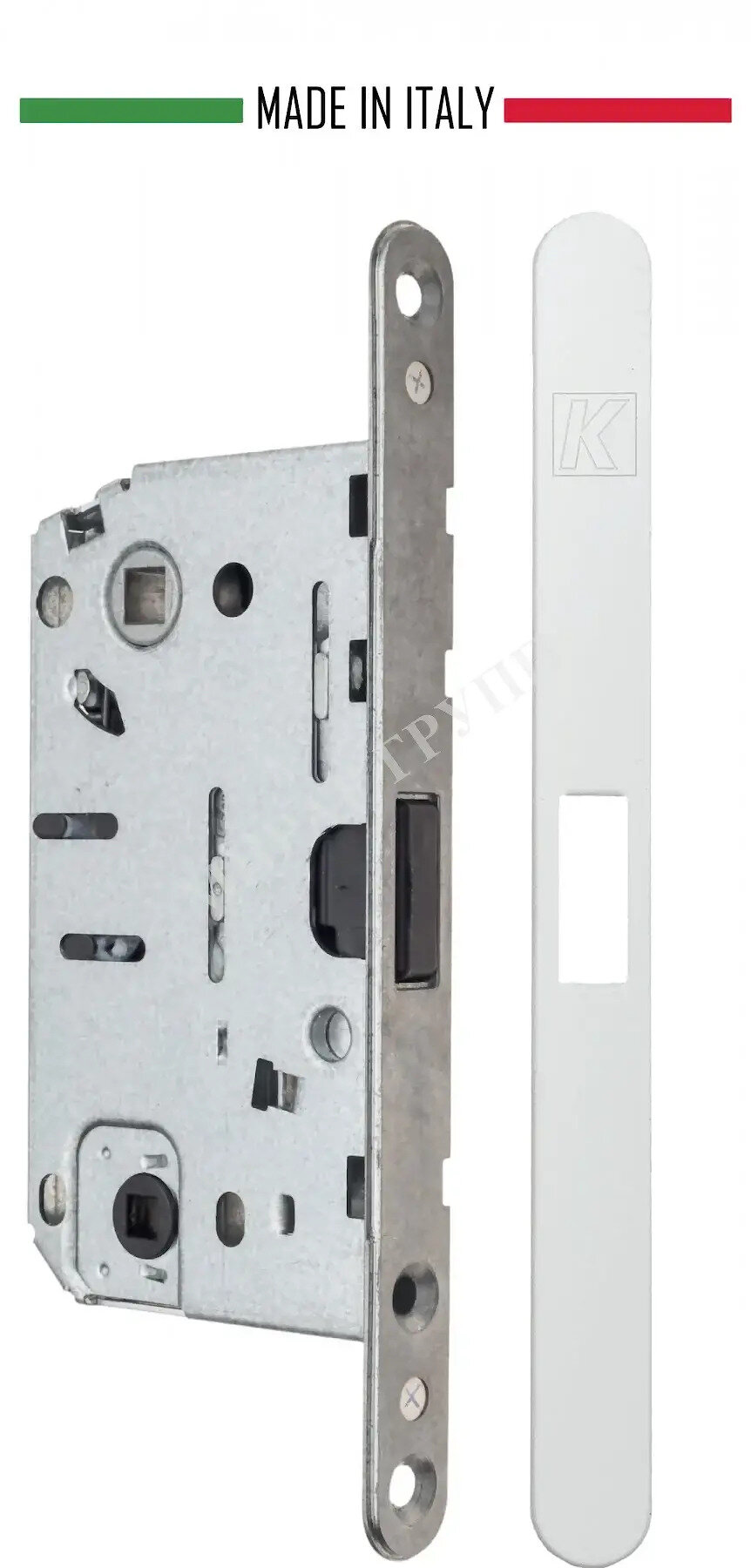 KM.003. CM. A.4. COV. XX Замок супертихий межкомнатный магнитный KOBLENZ WC96 под завертку с отв. планкой с плавным возвратом ручки в исх. п. белый