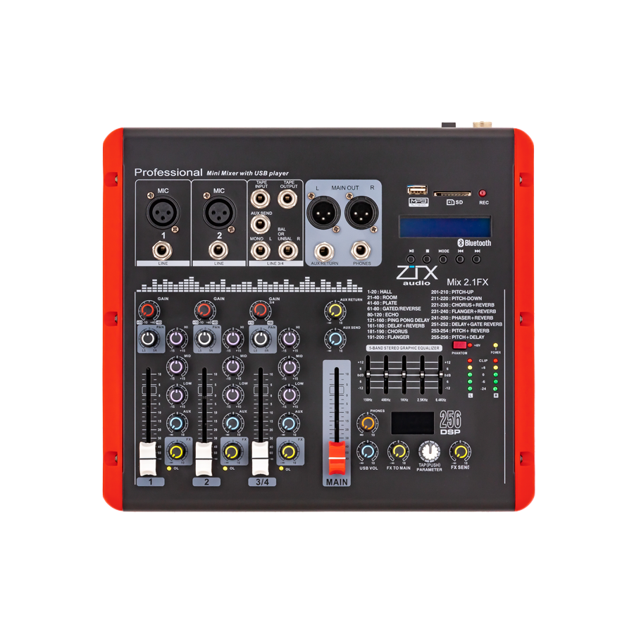 ZTX Audio Mix 2.1. Fx микшерный пульт 2mono, 1stereo каналы с MP3/SD/DSP/BT