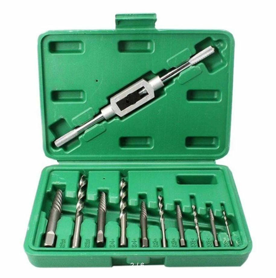 Набор экстракторов и сверл в кейсе 11 предметов бит / Экстракторы 5 шт. и Сверла 5 шт. и метчикодержатель для выкручивания сломанных болтов и шпилек.