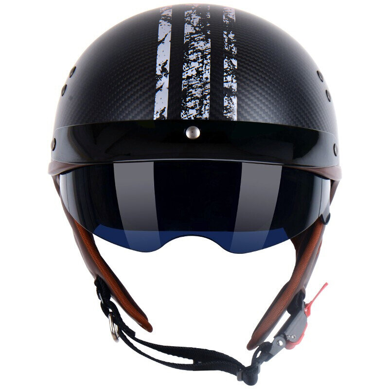 YEMA 636S Carbon Fiber Electric Motorcycle Helmet, Stylish Lightweight Half Helmet for Men And Women, Retro Motorcycle Safety Helmet, All-Season Use, Size L, Matte Black with Long Strip Flower