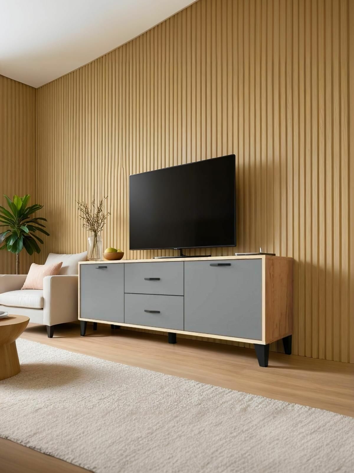 Тумба под ТВ Микон ТВМ-6, ЛДСП, дуб крафт золотой, серая, 150,2х38,3х54,3 см