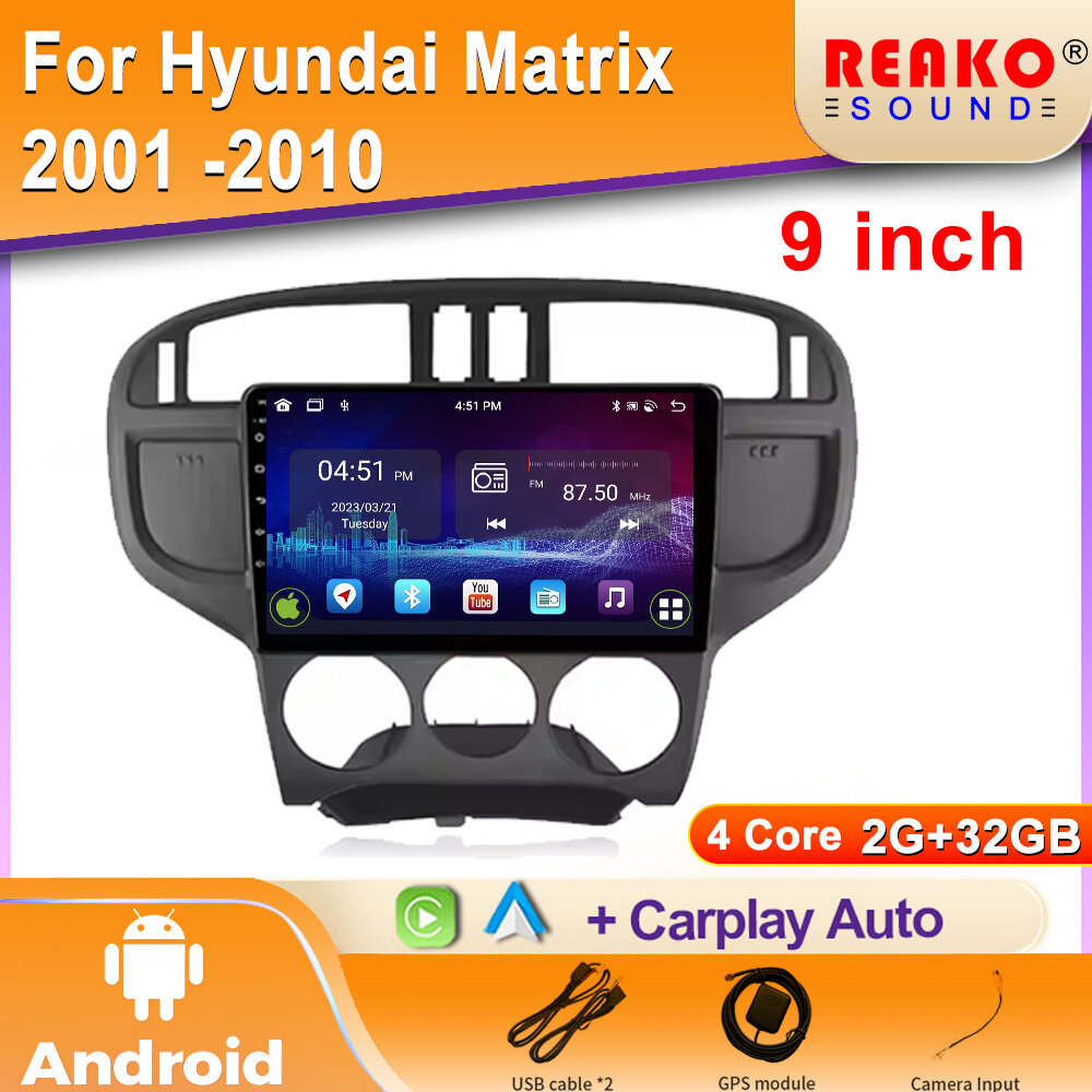 Магнитола для Hyundai Matrix 2001 -2010, с камерой заднего вида. IPS экран 9 дюймов, Wifi 2din с сенсорным экраном, usb и блютузом.