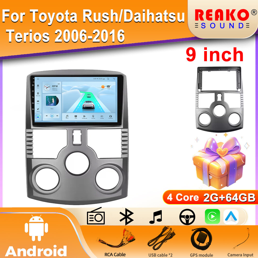 Магнитола для Toyota Rush/Daihatsu Terios 2006-2016, с камерой заднего вида. IPS экран 9 дюймов, Wifi 2din с сенсорным экраном, usb и блютузом.