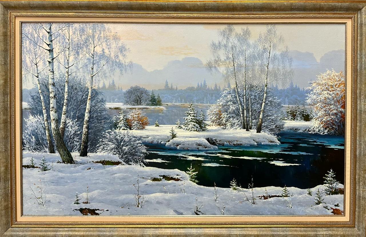 Картина маслом на холсте, зимний пейзаж "Зимушка", 60х100 см. Автор Белохвостов Михаил