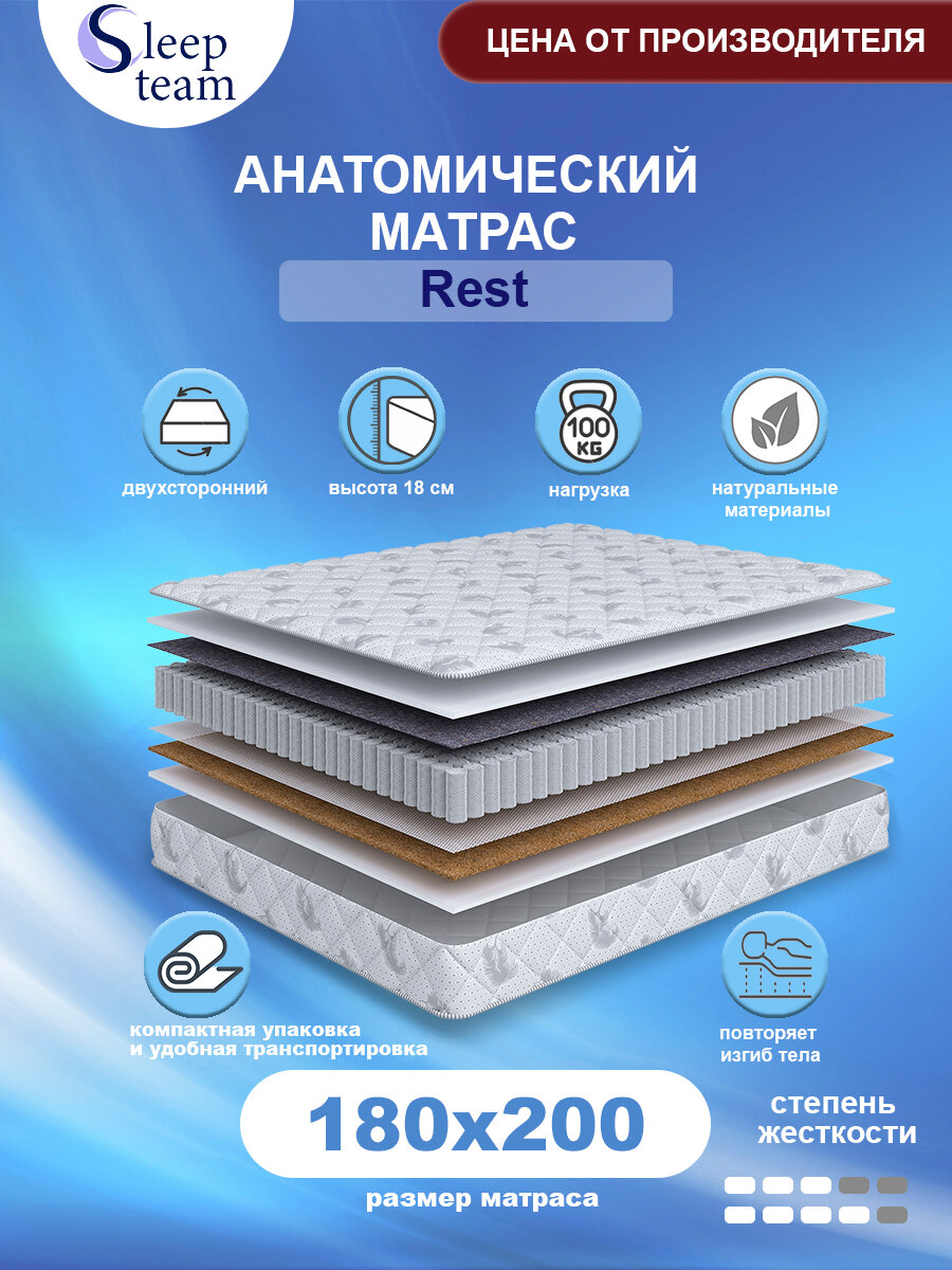 Матрас пружинный SleepTeam Rest 180х200, с независимыми пружинами, высота 20 см, двуспальный
