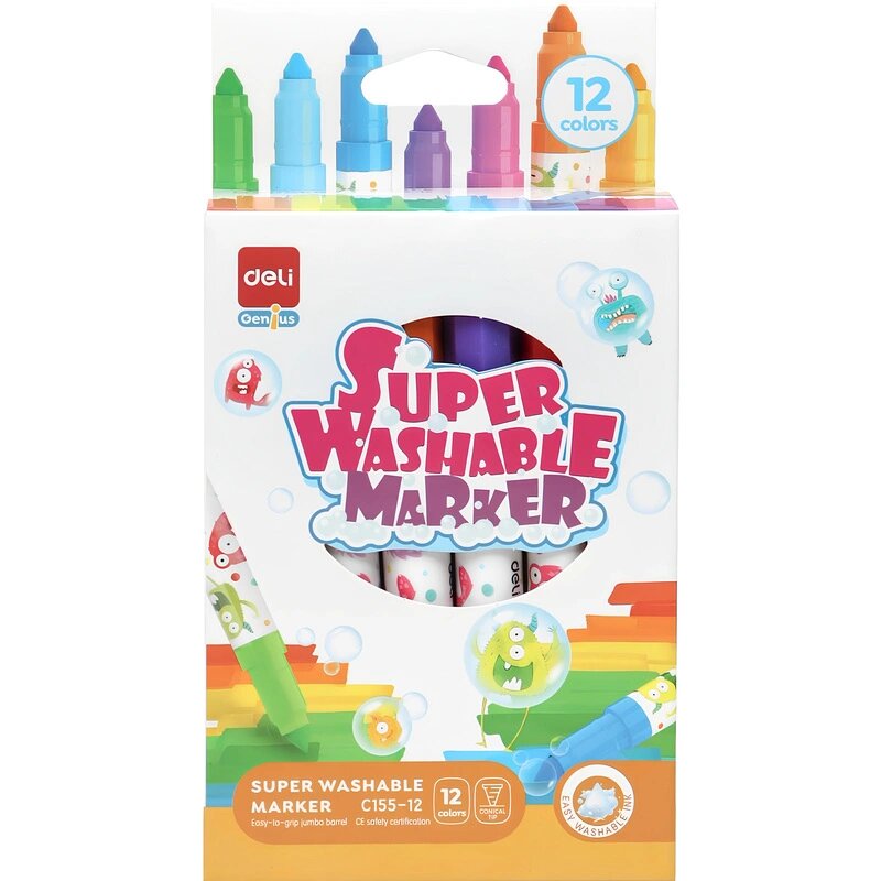 Фломастеры Deli, смываемые, пулевидный наконечник, наб 12шт, EC155-12