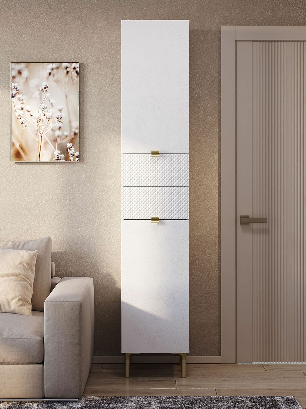 Распашной шкаф-пенал для одежды и хранения вещей Диор с полками, с ящиками, 40.2х,38х210 см, Белый / Белый лофт