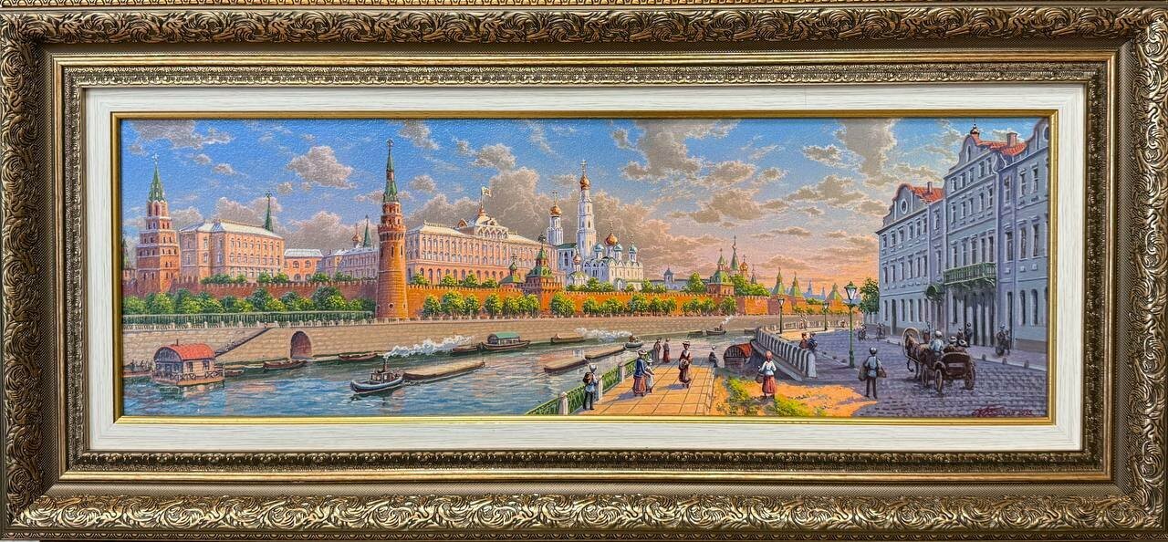 Картина маслом, городской пейзаж "Москва начало 20 века. Вид Кремля с Софийской набережной", 20х60 см. Автор Блохин М.
