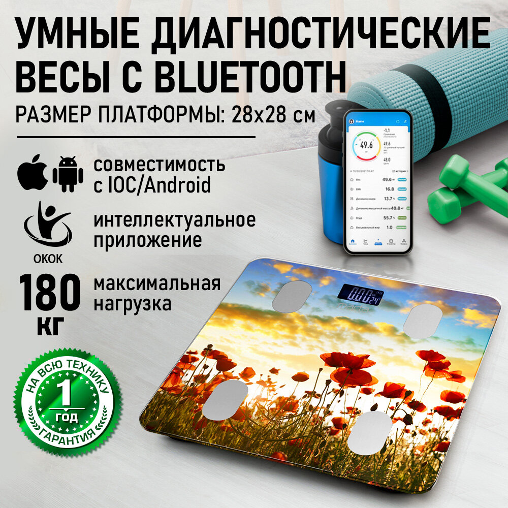 Весы напольные умные MARTA MT-1682 красные маки