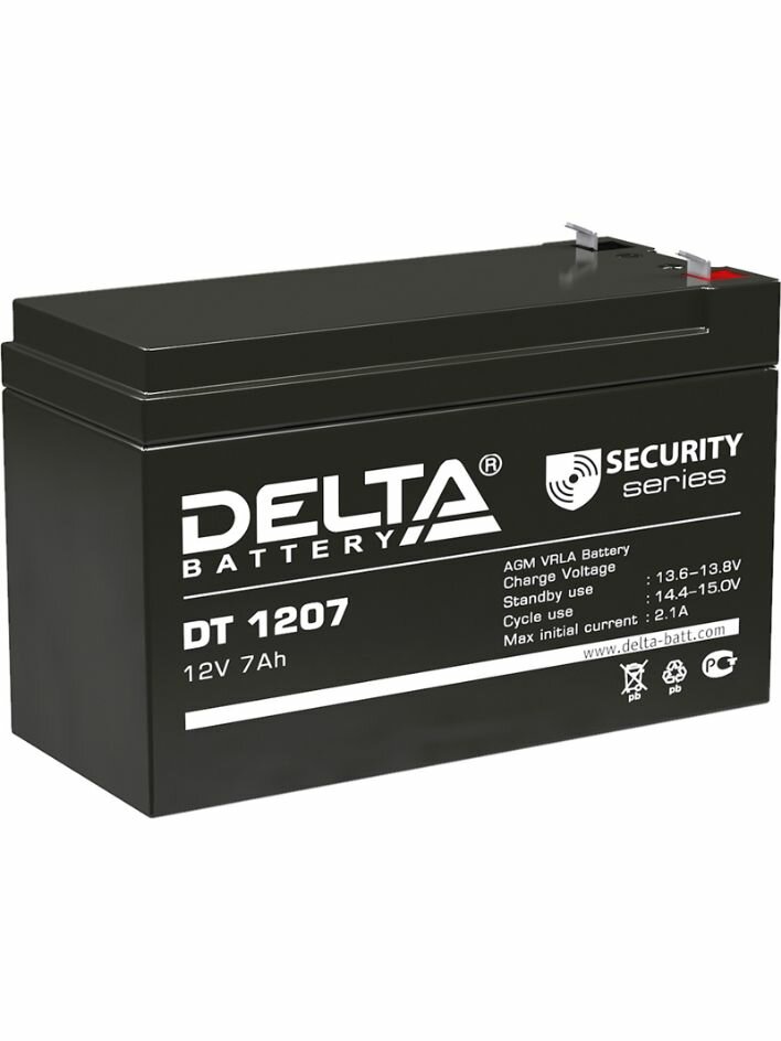 Батарея DELTA серия DT, DT 1207, напряжение 12В, емкость 7Ач (разряд 20 часов), макс. ток разряда (5 сек.) 108А, макс. ток заряда 2.1А, свинцово-кислотная типа AGM, клеммы F1, ДxШxВ 151х65х95мм, вес 2.05кг, срок службы 5 лет. DT 1207 Battery DELTA serie