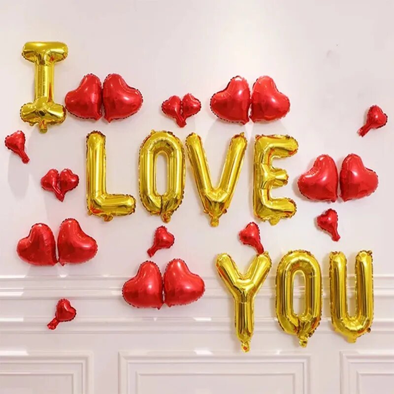 Фольгированные шары "I LOVE YOU" с сердцами, 28 шт, Цвет: as the picture