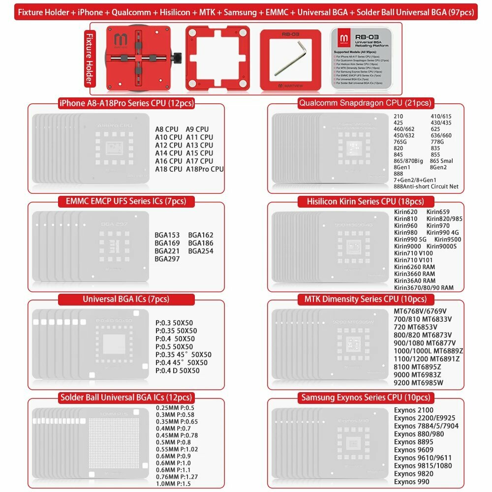 Martview RB-03 держатель для реболлинга BGA Holder FULLSET 97PCS
