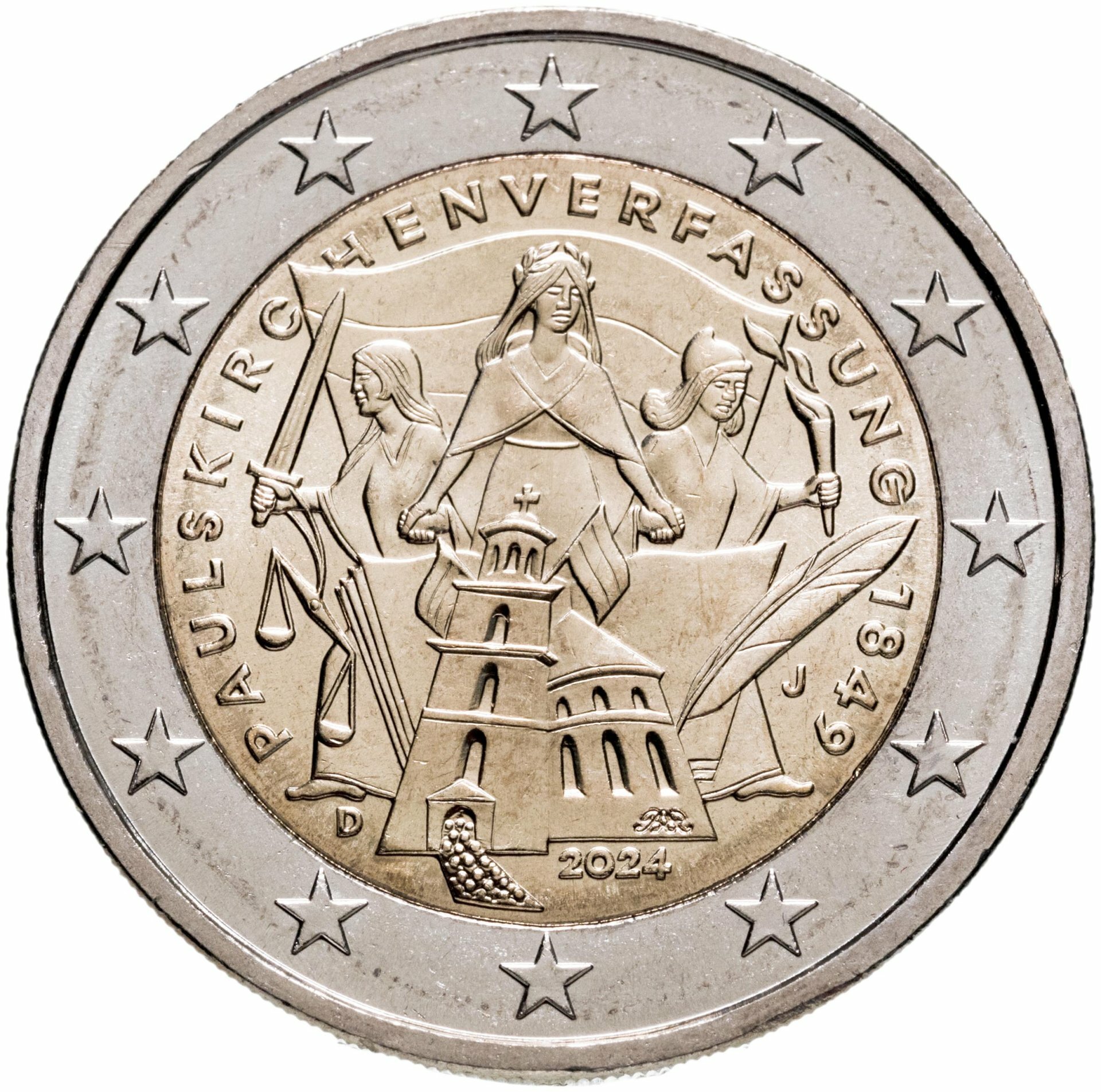 Германия 2 евро 2024 "175 лет Конституции Паульскирхе" двор J, Биметалл, в сохранности UNC