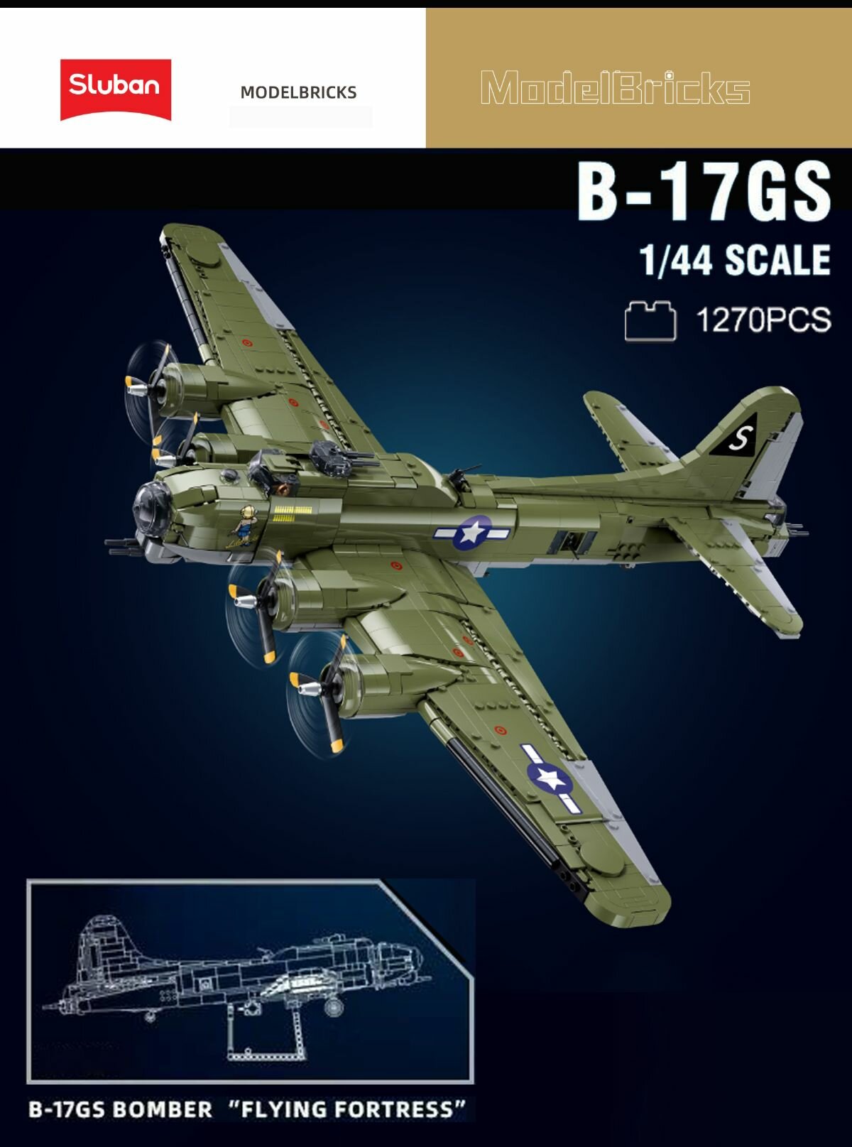 Конструктор Sluban M38-B1367, армией серия: Американский /WW2/ тяжелый бомбардировщик B-17G "Летающая крепость", Детский набор военных игрушек (1270 деталей)