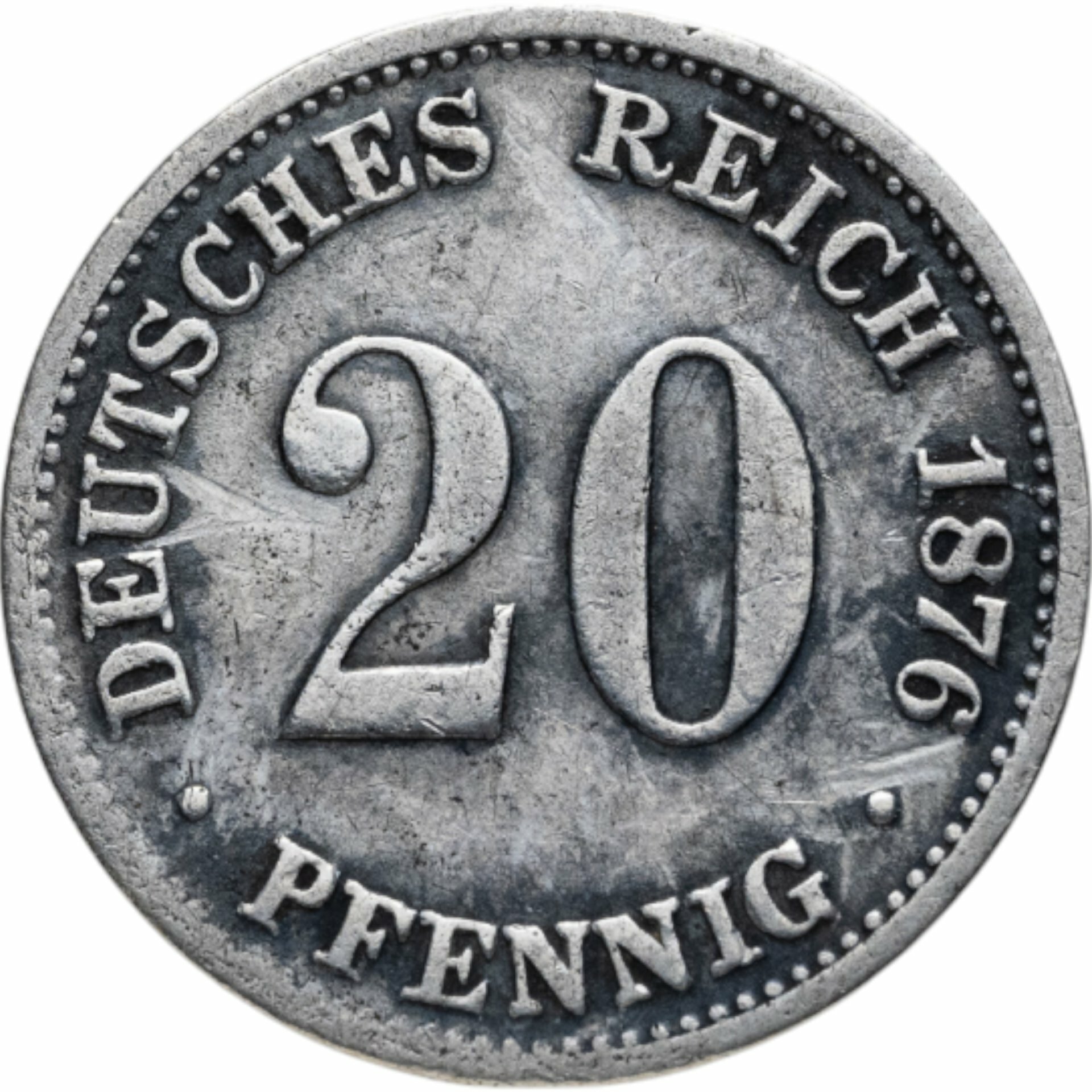 Германская империя 20 пфеннигов pfennig 1876, знак монетного двора: "C" - Франкфурт-на-Майне, Серебро 900, в сохранности VF