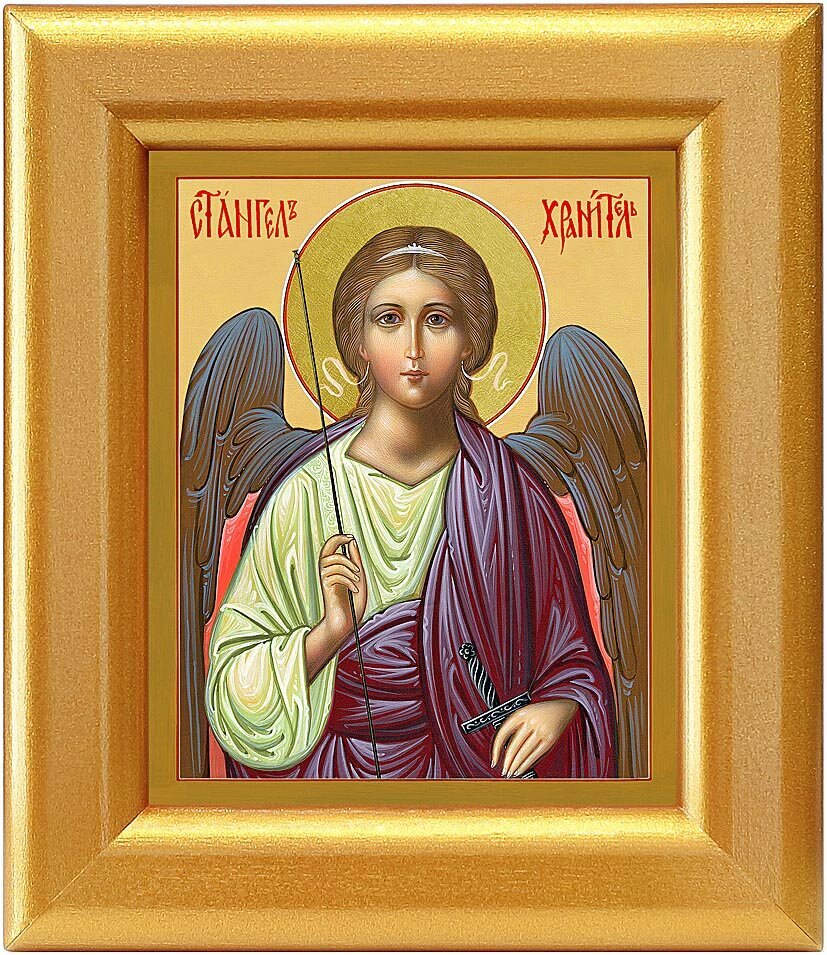 Ангел Хранитель (лик № 261), икона в широкой золотой деревянной рамке 14,5*16,5 см