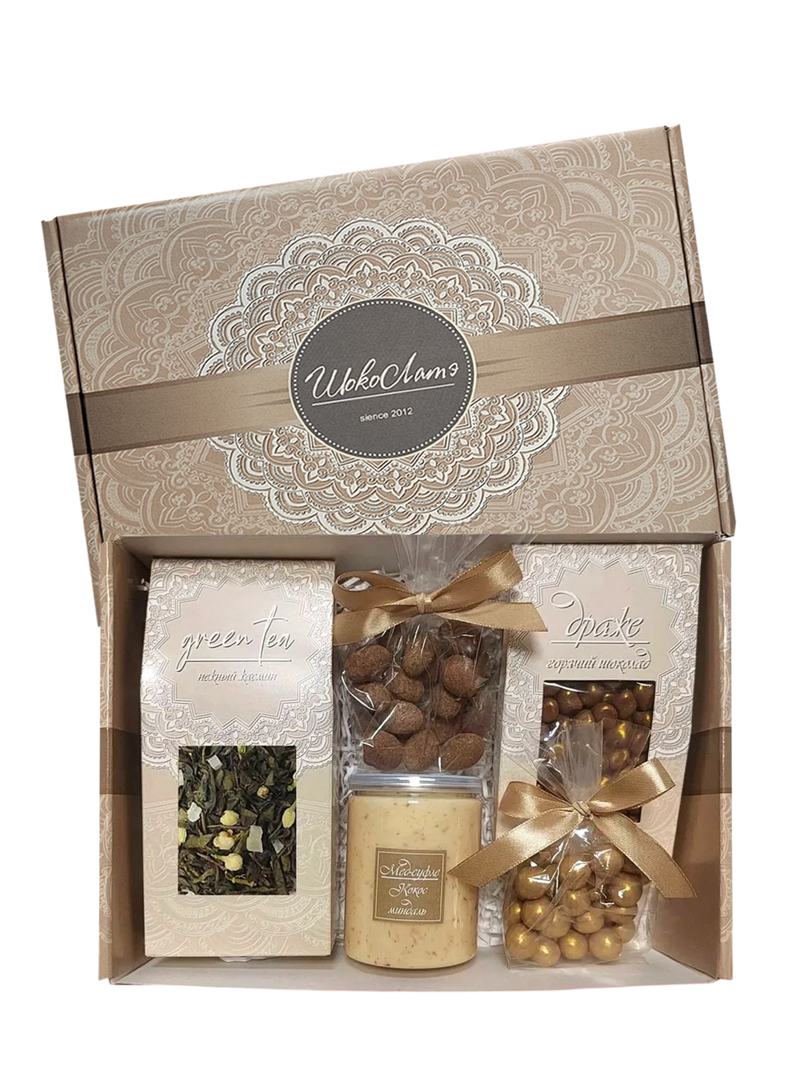 Подарочный набор "Кружева": зеленый чай, горячий шоколад, конфеты-драже, медовый десерт